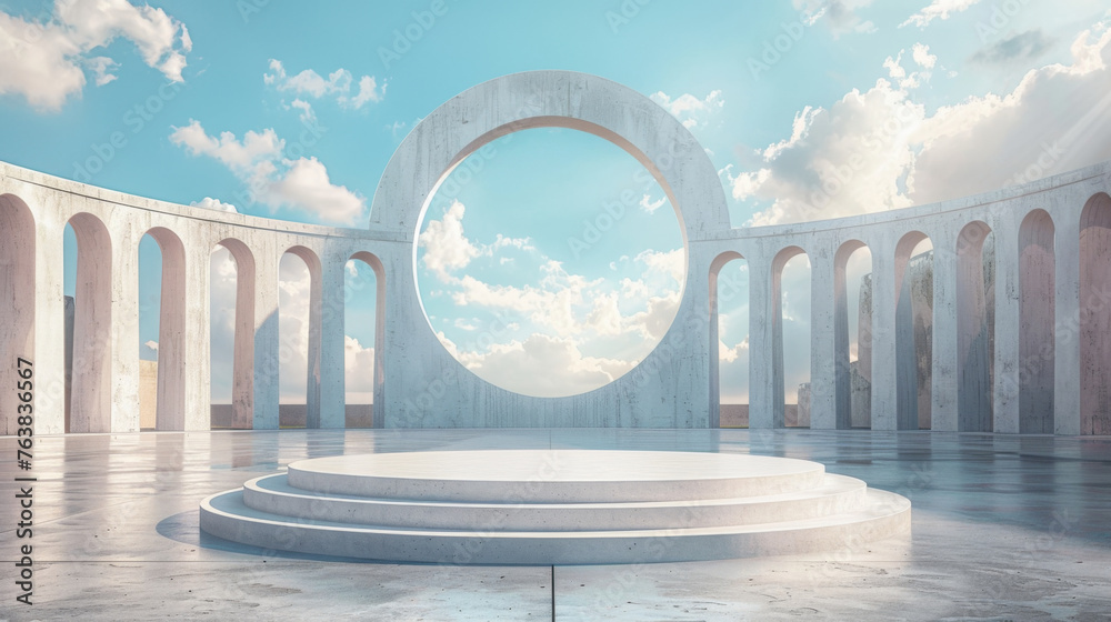 An architecturally striking circular stage set within a series of grand ...