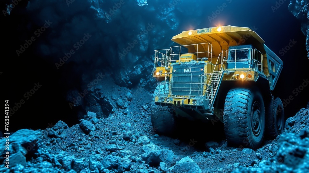 An imposing yellow mining truck moves through a dark, rugged mine ...