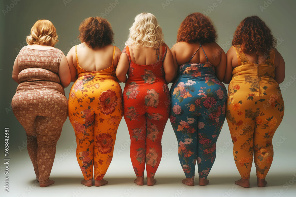 Group Of Fat Multi Ethnic Plus Size Women In Tight Clothes Fashion