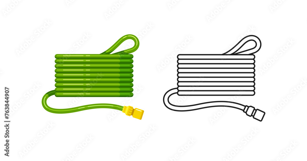 Garden hose icons. Coiled rubber hosepipe with connector for pipes ...