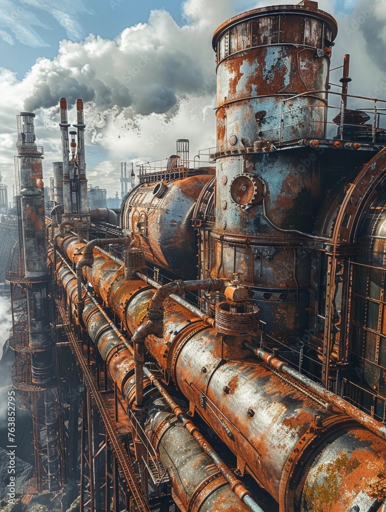 Steampunk apocalypse. Rebuilding with steam technology, rusted metal ...