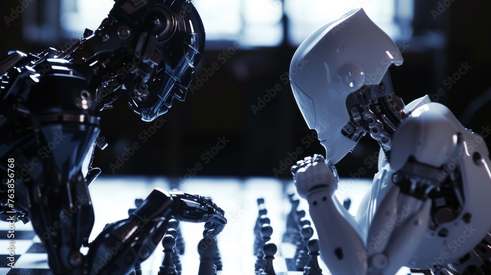 Two robots engage in a game of chess in a dimly lit setting, exuding an ...