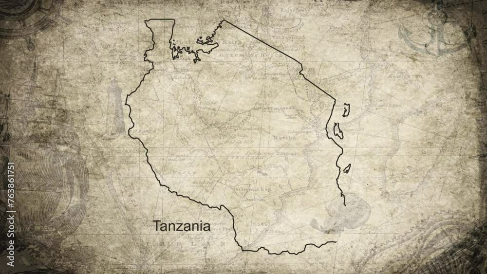 Tanzania map drawn on a cartography background sheet of paper Stock ...