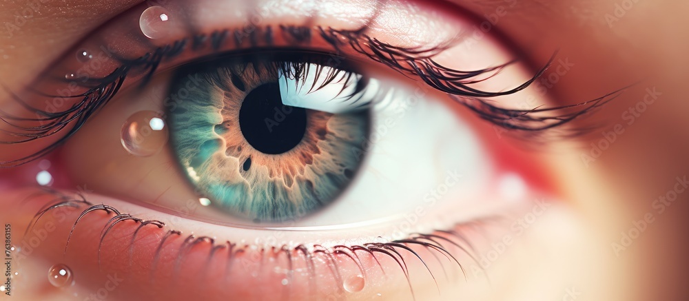 A close up of a human body organ, the eye, showing a tear rolling down ...