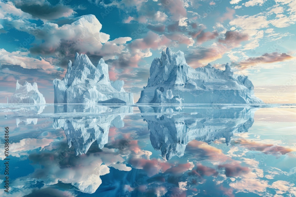 Arctic Mirage Surreal Landscape with Floating Icebergs and Reflective ...