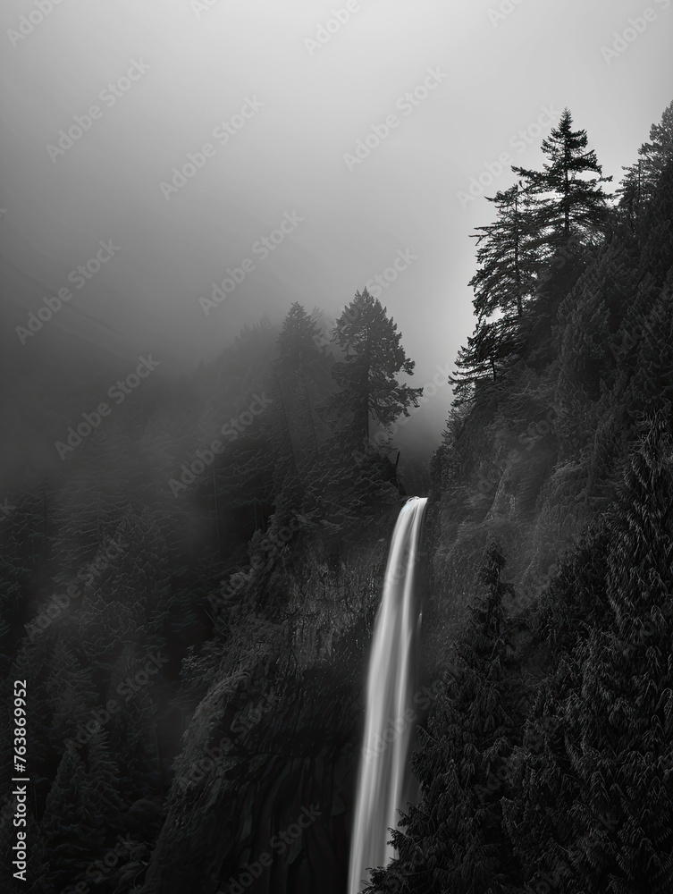 Veil of Solitude: A slender waterfall descends into a fog-enshrouded ...