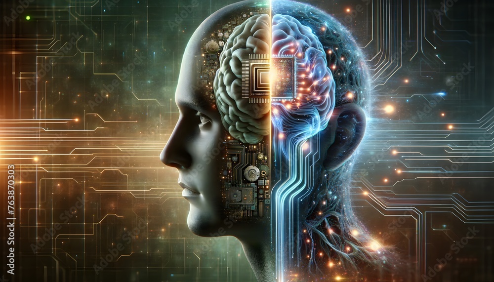 Hybrid between organic and artificial intelligence, cross-section of a ...