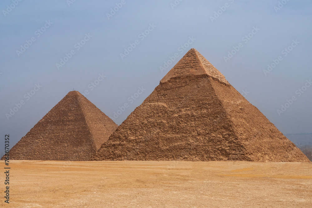 Pyramids of Khafre (Khafre) and Mikerin (Menkaura) against background ...