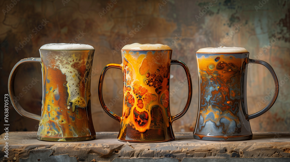 Frothy beers in textured mugs on rustic background. Craft beer ...
