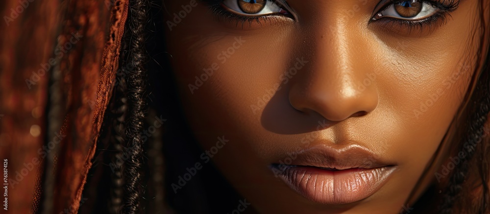 A close up of a womans face with braids, showcasing her forehead, nose ...