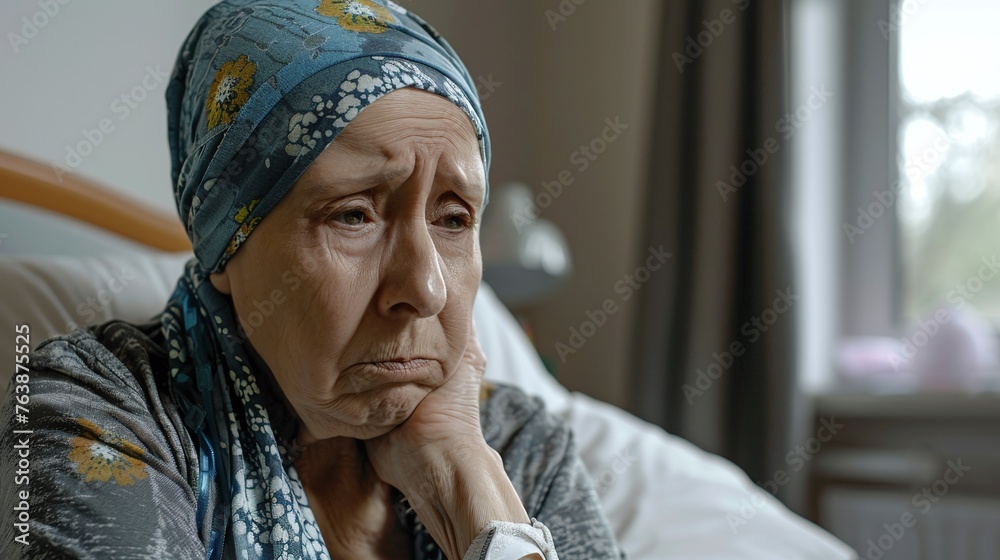 cancer diagnosis for upset senior woman, sitting on hospital bed with ...