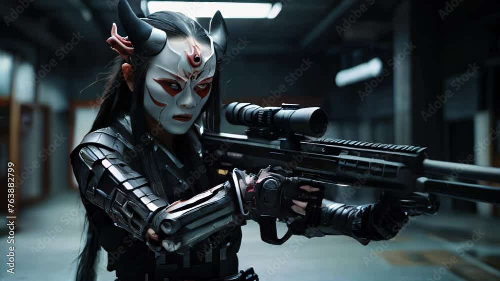 A heavily armored female warrior stands in a dark, ominous corridor ...