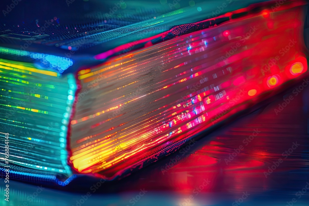 Open Magic Book. Rainbow Colored Neon Lights Illuminate the Pages. Red ...