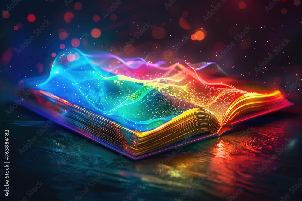 Open Magic Book. Rainbow Colored Neon Lights Illuminate the Pages. Red ...