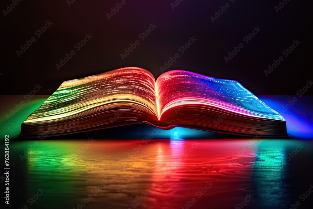 Open Magic Book. Rainbow Colored Neon Lights Illuminate the Pages. Red ...