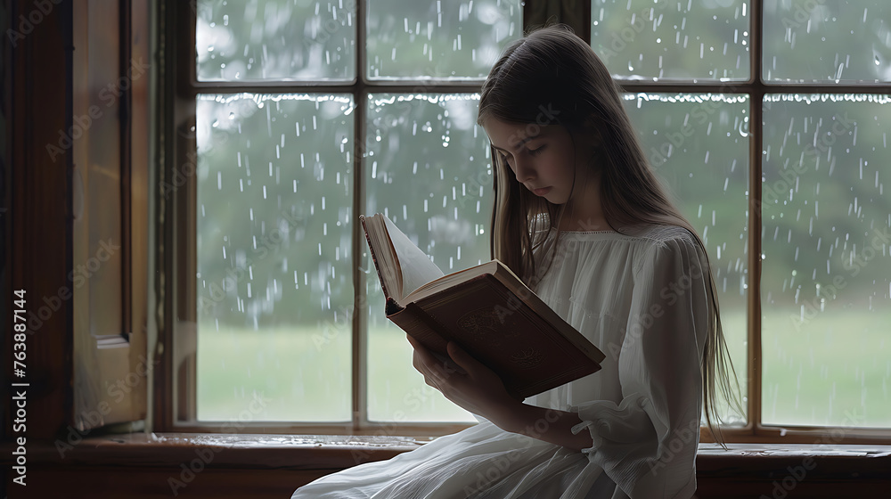 Girl wearing a simple white dress Reading a book next to a large wooden ...