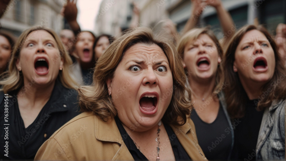 Displeased crowd of women protesting for women's rights, gender ...