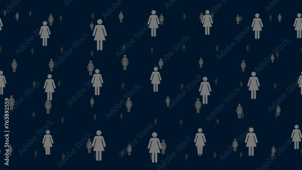 Woman symbols float horizontally from left to right. Parallax fly effect. Floating symbols are ...