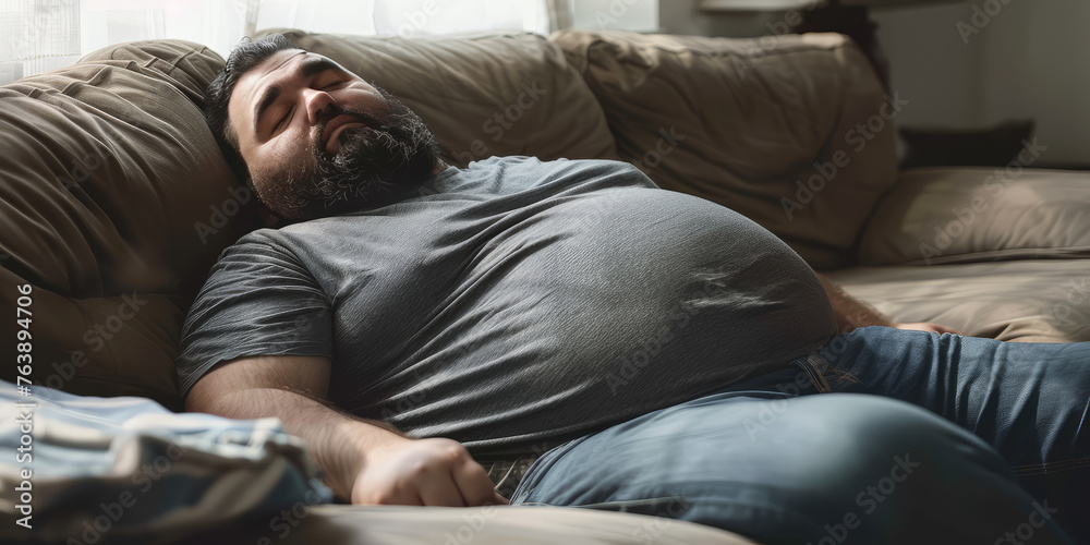 Fat lazy adult Man Relaxing on Couch at Home. An unshaven, overweight ...