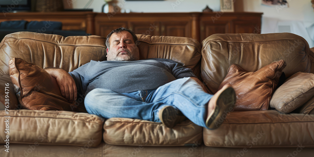 Fat lazy adult Man Relaxing on Couch at Home. An unshaven, overweight ...