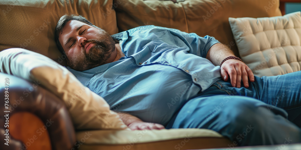 Fat lazy adult Man Relaxing on Couch at Home. An unshaven, overweight ...