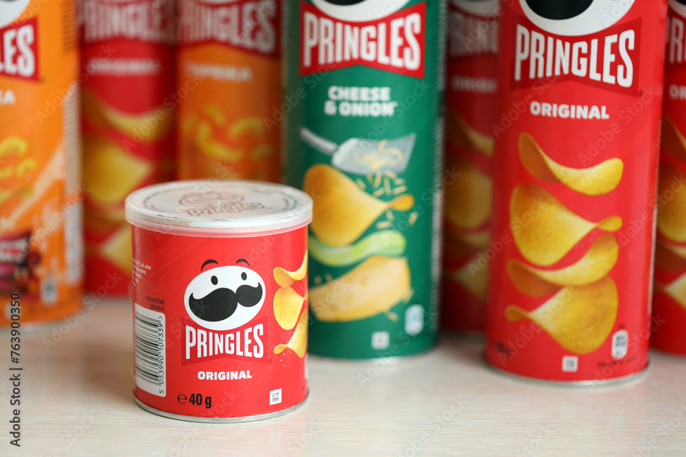 KYIV, UKRAINE - FEBRUARY 27, 2024 Pringles original potato chips on ...