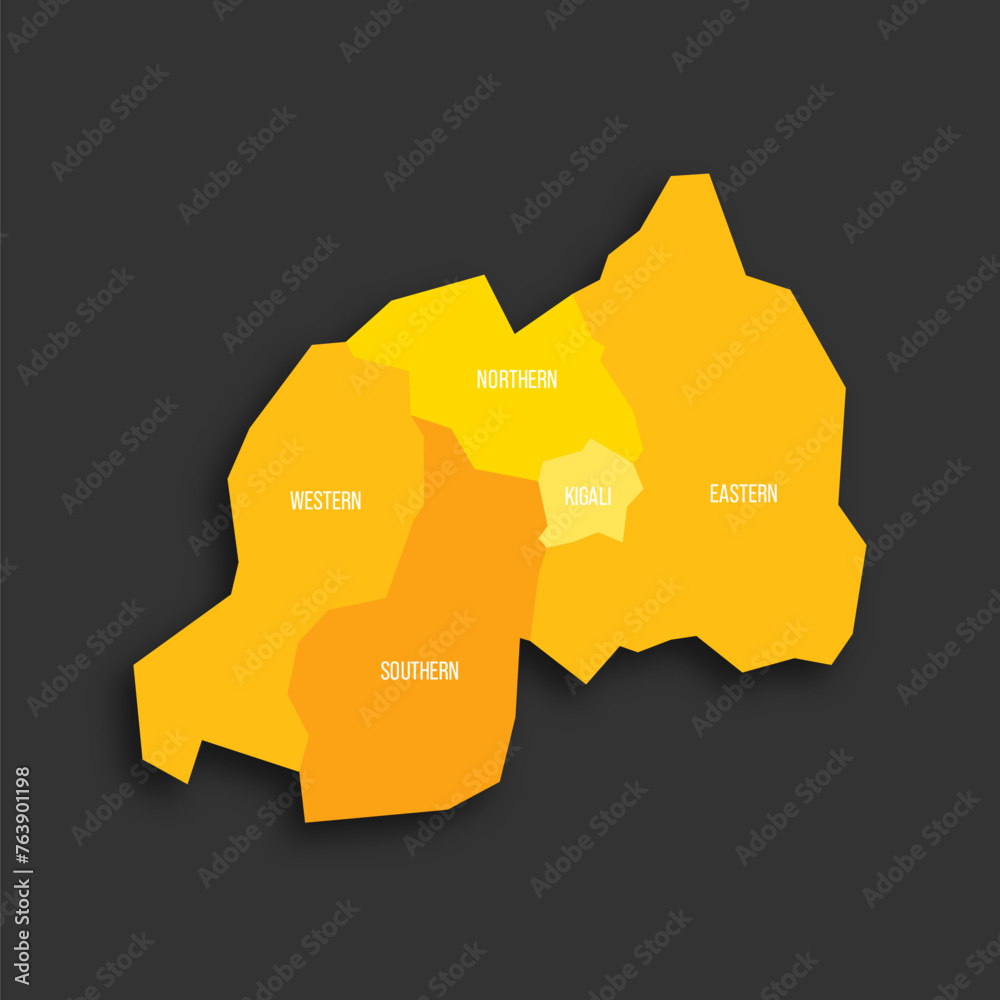 Rwanda political map of administrative divisions - provinces. Yellow ...