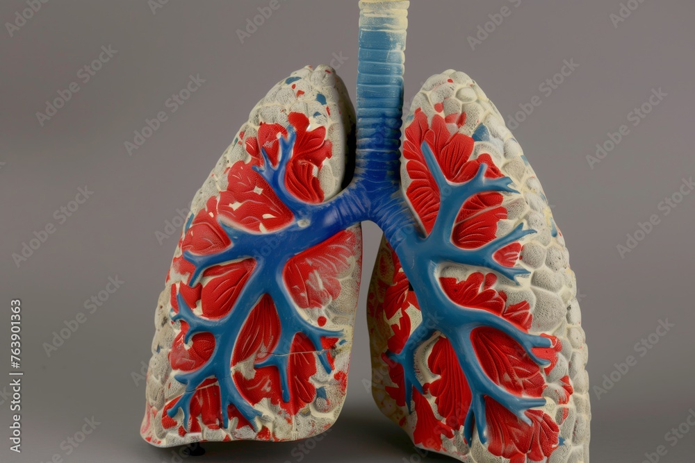 lung model with red and blue areas indicating oxygenated and ...