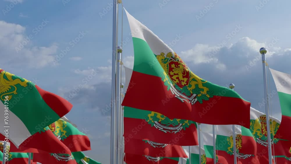 Flags of Bulgaria with Coat of Arms. 3D Rendering. Bulgaria national ...