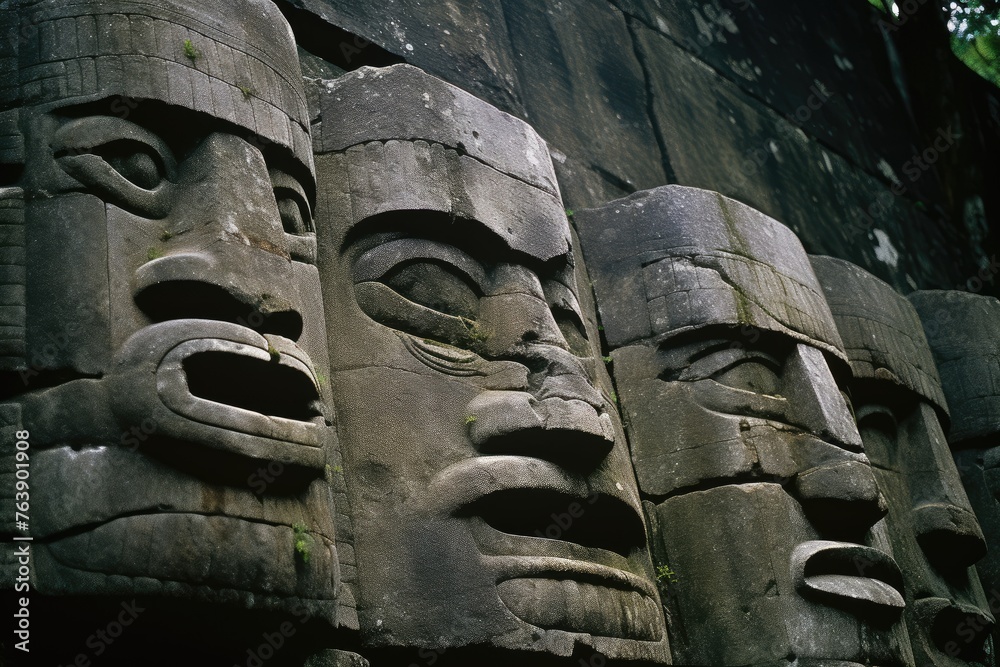 The carvings on the faces of the giant Olmec heads in La Venta, Mexico ...