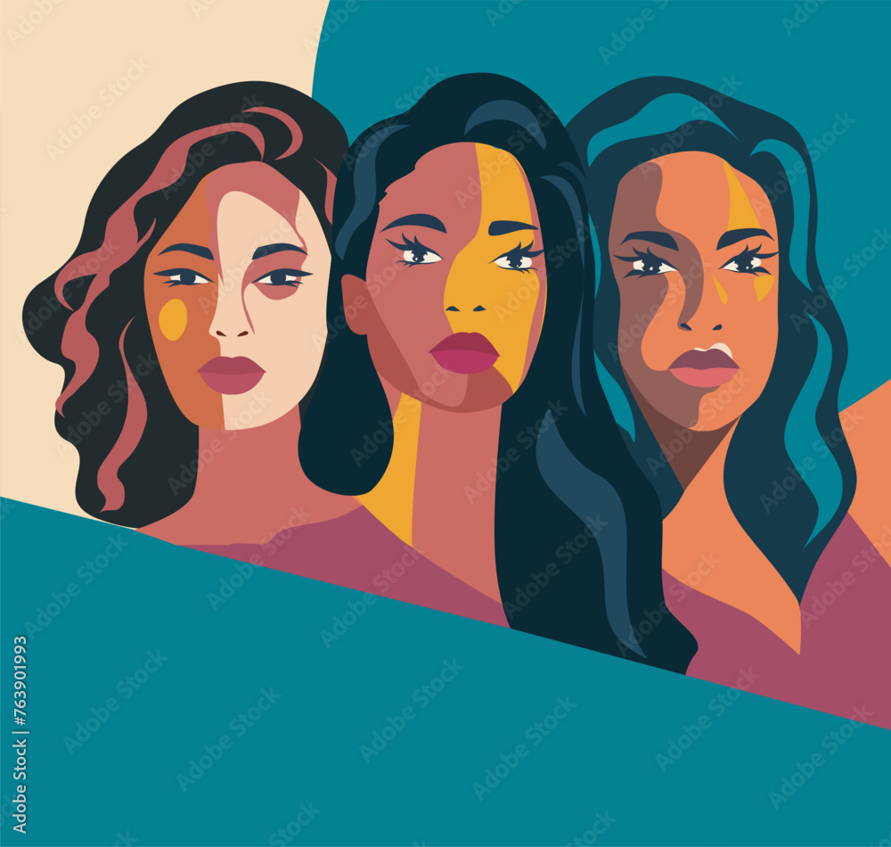 Vector banner Feminism Day. Strong women of different races and ...