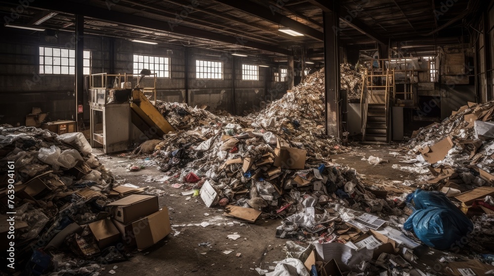 A cluttered interior view of a recycling facility with scattered waste ...