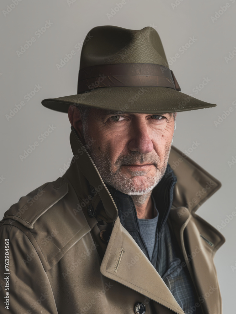 Evoking classic film noir, this image portrays a secretive detective in ...