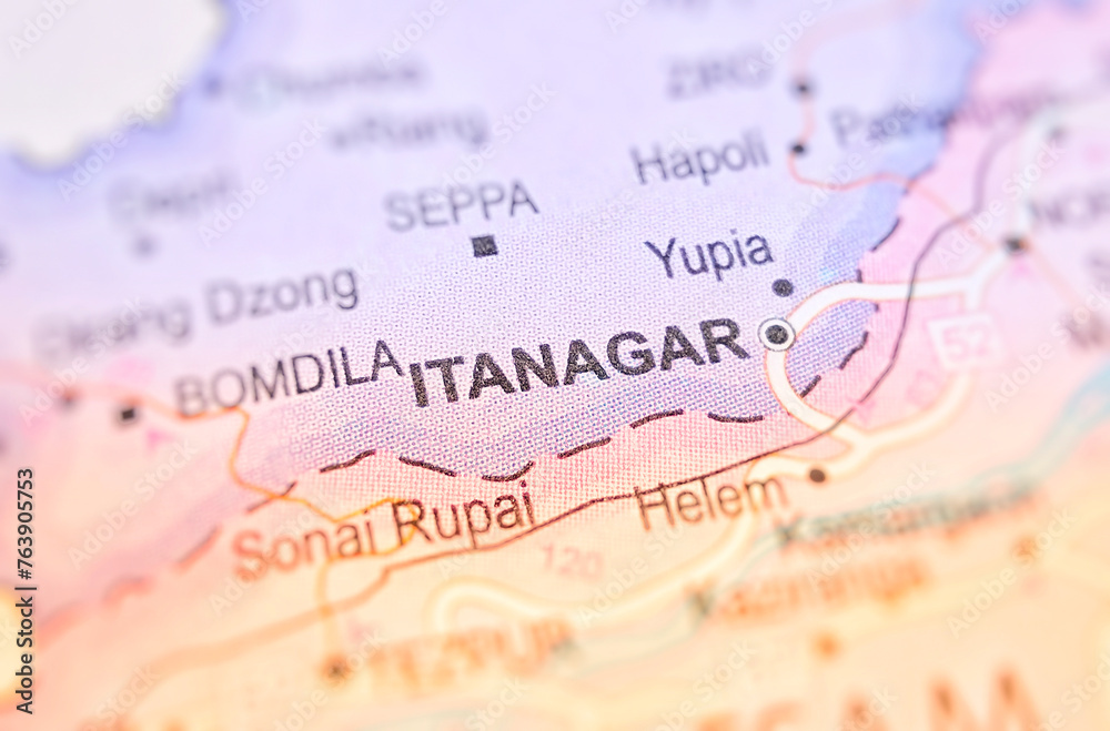 Itanagar on a map of India with blur effect. Stock Photo | Adobe Stock