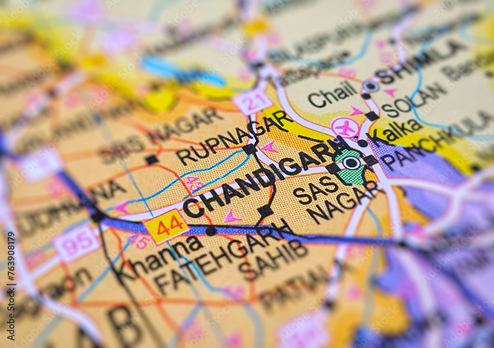 Chandigarh on a map of India with blur effect. Stock Photo | Adobe Stock