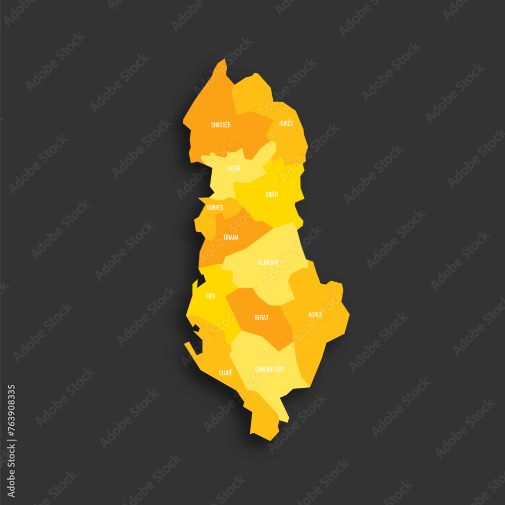 Albania political map of administrative divisions - counties. Yellow ...