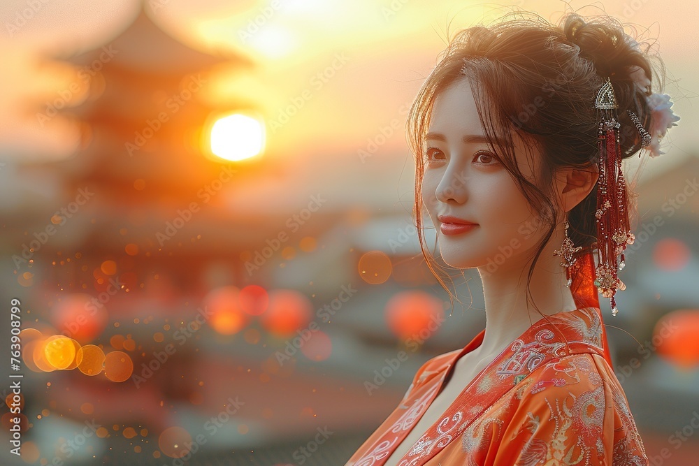 Chinese women wearing Hanfu, full body photos, background of ancient ...