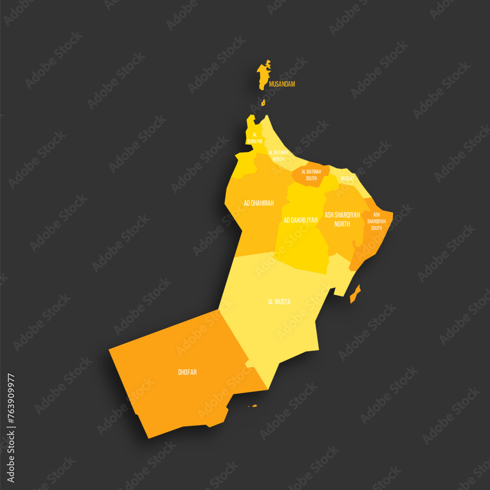 Oman political map of administrative divisions - governorates. Yellow ...