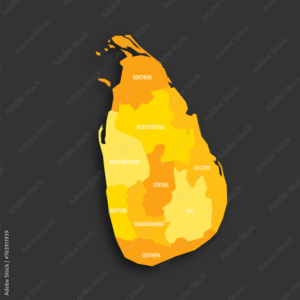 Sri Lanka political map of administrative divisions - provinces. Yellow ...