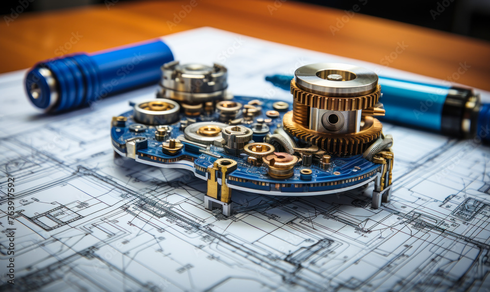 Close-up of engineering drafting tools with a blue pencil on mechanical ...
