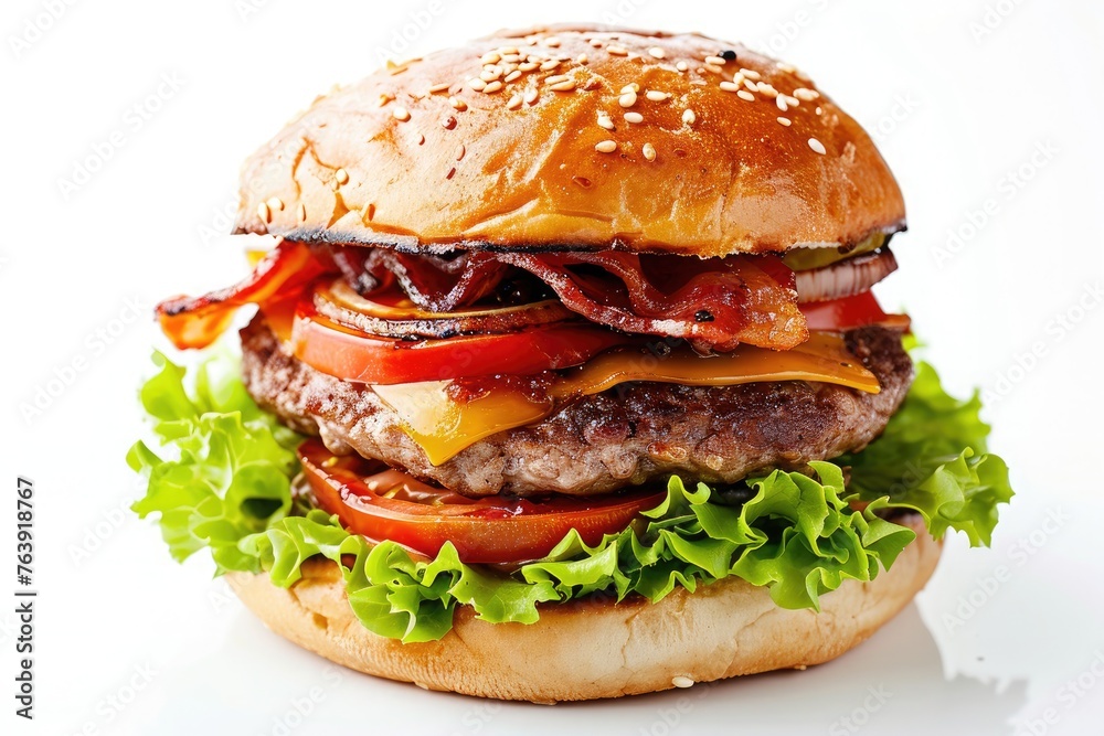 spicy beef burger with crispy bacon slices, red jalapeno, tomato slice ...