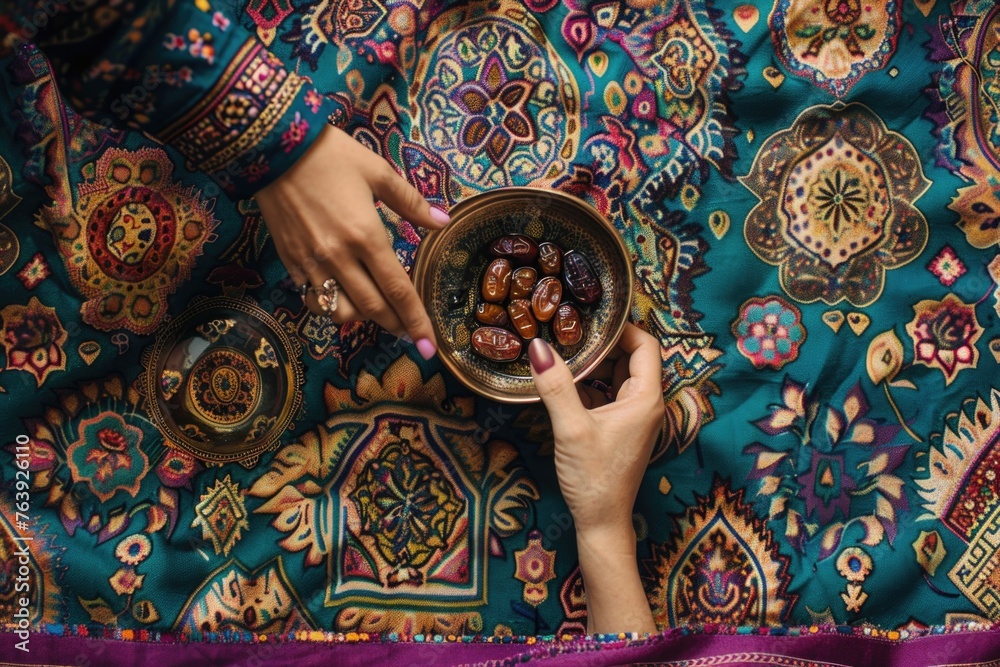 closeup photo of people gathered around a traditional arabic mat while ...