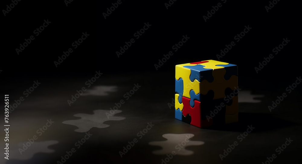 3d render of a color and shape matching jigsaw puzzle cube game, mental challenge to solve ...