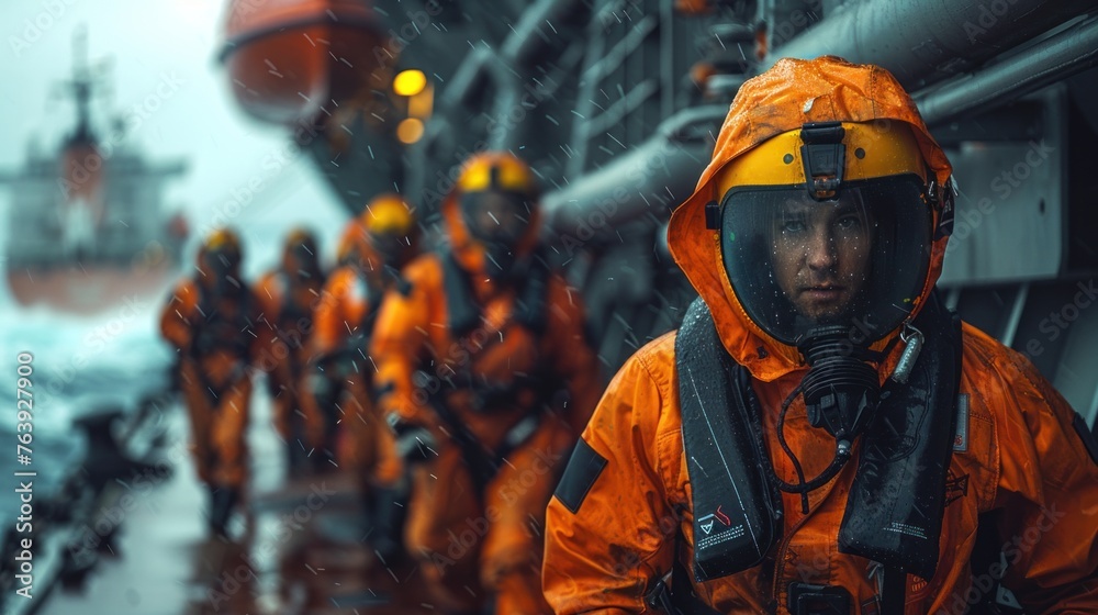 crew of a cargo ship equipped with safety gear and conducting a safety ...