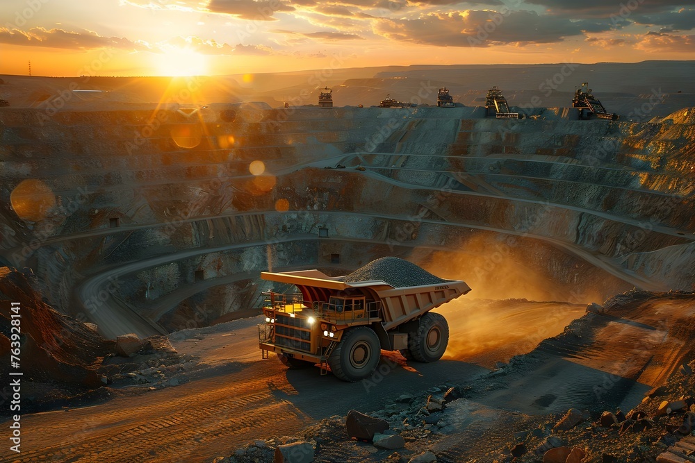 Golden hour shines light on haul truck transporting material in vast ...