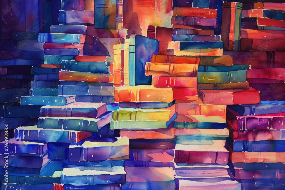 A painting depicting a stack of books placed on top of each other ...