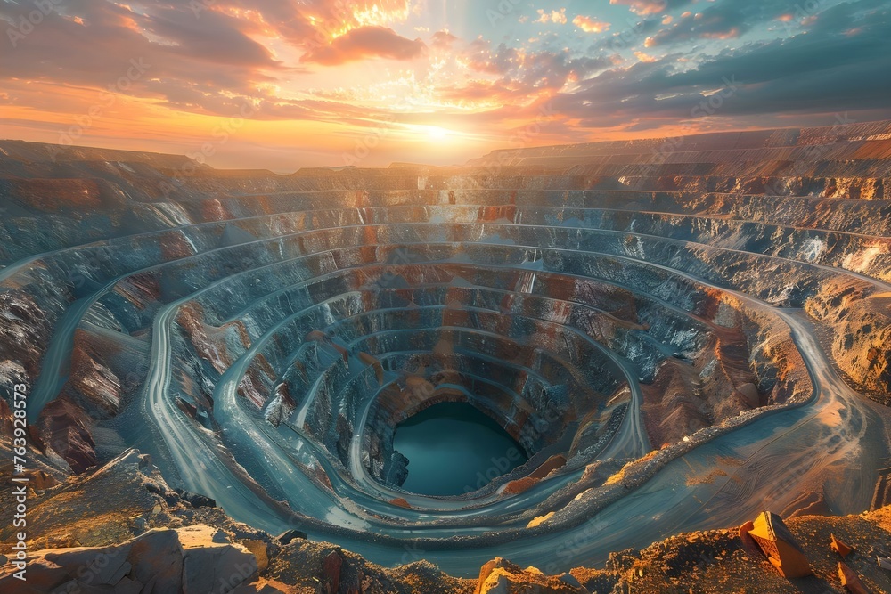 Mining equipment in action during golden hour at open pit mine. Concept ...