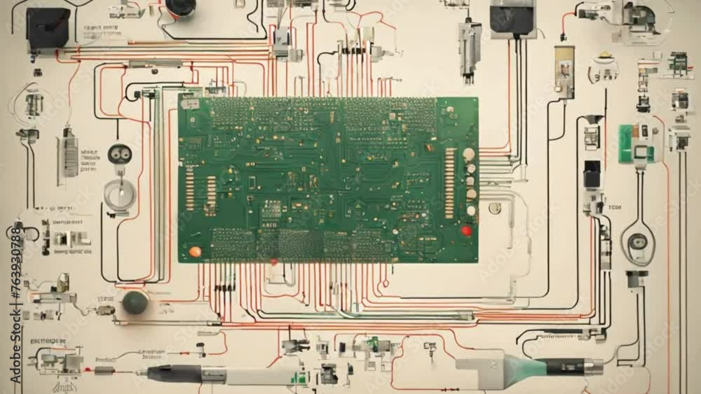 Vidéo Stock A split-screen showcasing a circuit board and an animated ...
