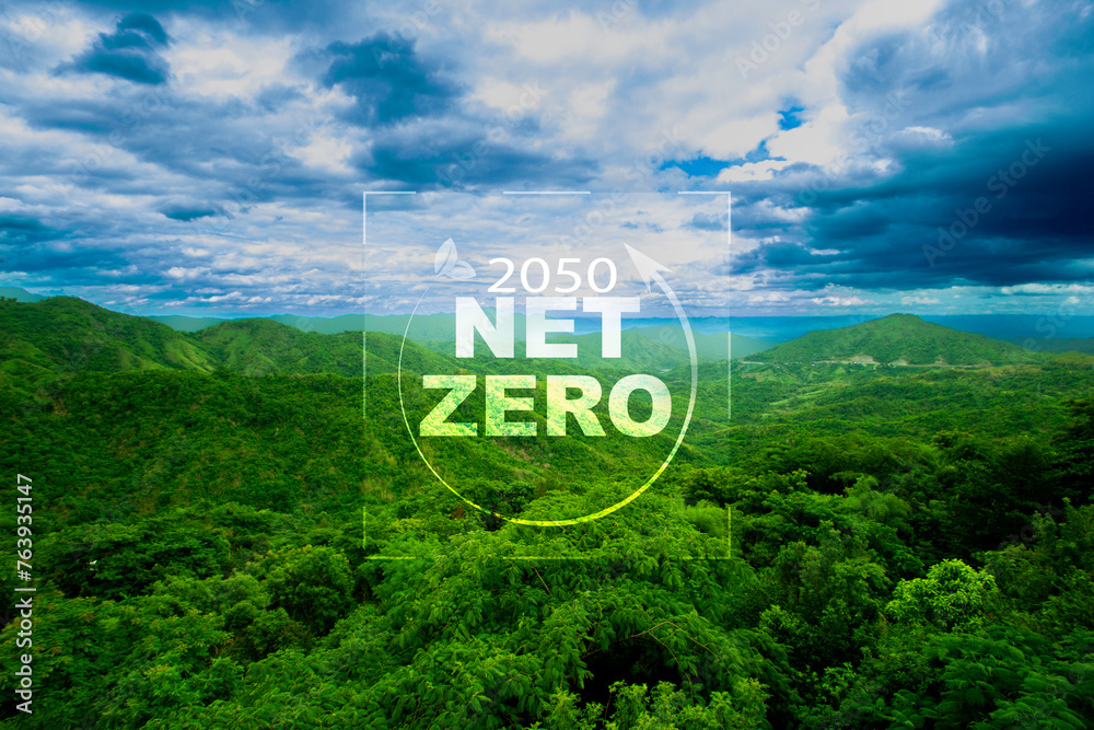Net zero in 2050 on green nature background. Reduce emissions, carbon ...