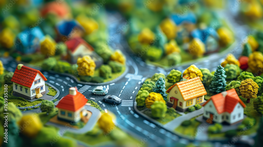 Miniature model city with colorful houses, trees, and roads. Realistic ...
